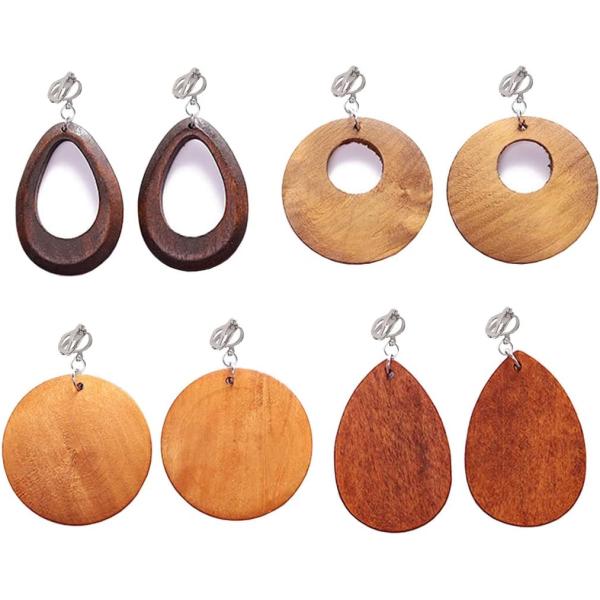 商品名4 Pairs African Wooden Clip on Earrings for Women Teen Girls Multipack Natural Wood Geometric Round and Teardrop Dang...