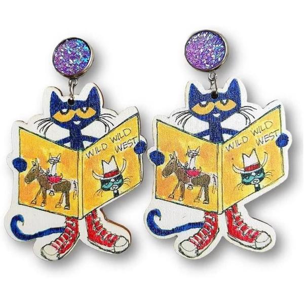 商品名軽量 木製読書用イヤリング かわいい猫の読書用本 カラークレヨン 愛のいっぱいバケットピアス 教師 学生向け Love Learn Love Read イヤリング レディース ガールズ ティーン向け, One Size, 木材 アクリ...