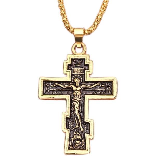 商品名メンズ ゴールド ロシア正教会 十字架 ペンダント 宗教 ネックレス チェーン 24インチMens Gold Russian Orthodox Crucifix Cross Pendant Religious Necklace Cha...