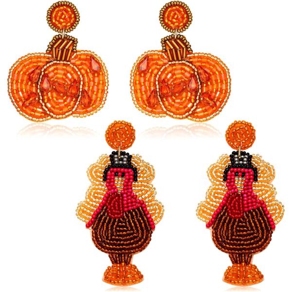 商品名感謝祭の秋のイヤリング 女性用 ビーズ付きメープルリーフ パンプキン 七面鳥イヤリング ハンドメイド ゴブル ドロップ ダングルイヤリング 秋の贈り物 ホリデーパーティーアクセサリー, 亜鉛, 知らないThanksgiving Fal...
