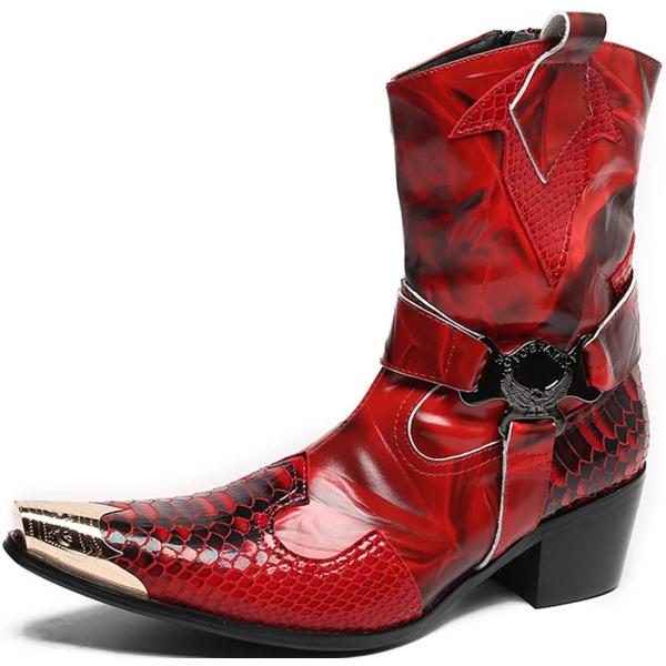 商品名: Santimon アンクルブーツ メンズ メタル ウィングチップ ジッパー ハイトップ 本革 ファッション ウェディング カジュアル チェルシー パーティー カウボーイ 社交ダンス ウェスタン カスタマイズ可, レッド, 12 S...