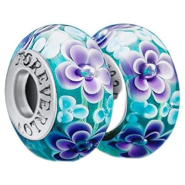 商品名ムラーノチャーム パンドラブレスレット用 925スターリングシルバー ブレスレット用チャーム ムーラガラスチャーム ブレスレット用 ガラスビーズジュエリー 2個, ガラス, キュービックジルコニア2Pcs Murano Glass C...