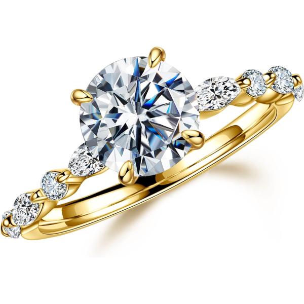 商品名1.5カラット ラウンドモアッサナイトリング 女性用 Dカラー VVS1 クラリティ人工ダイヤモンドリング 14K ホワイト イエロー ローズゴールド バーメイユ S925 スターリングシルバー マーキーズとラウンドサイドストーン モ...