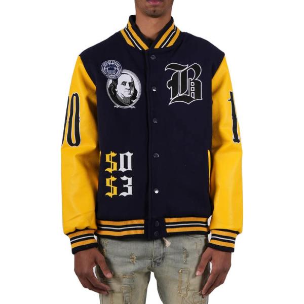商品名:  Two Mill Twenty Men's Blessed Money Varsity Collegiate Letterman Bomber Jacket with Embroidery &amp; Patchwork | N...