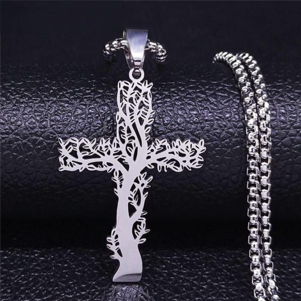 商品名MIYU Stainless Steel Tree Of Life Cross Pendant Necklace Silver Color Punk Fashion Necklace Jewelry Arbol De La Vidaブ...