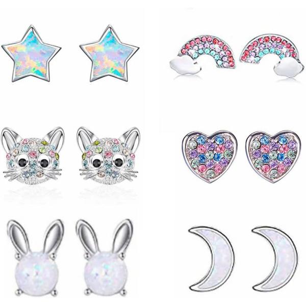 商品名Felson かわいいスタッドイヤリングセット シルバーメッキ オパールストーン 星 うさぎ 月 ラインストーン レインボー 猫 ハートイヤリング レディース ガールズ 友情 誕生日 ジュエリー ギフト 6個パック, 亜鉛, 宝石なし...