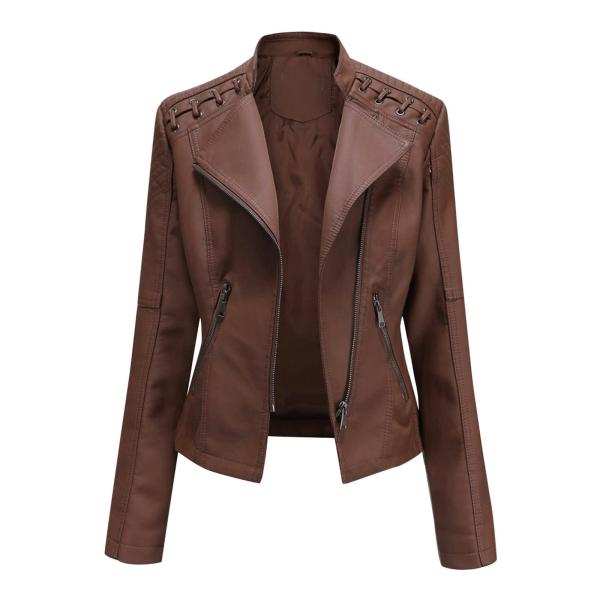 商品名:  LEMONONSTORE Fashion PU Leather Jackets for Women Stand-Up Collar Zipper Motorcycle Biker Jacket Slim Short Coatsブ...