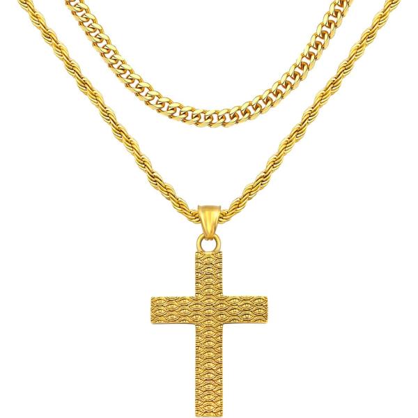 商品名Ronglry イーブルアイ ネックレス クロスネックレス メンズ レディース ステンレススチール レイヤード キューバ チェーン 神の目 ペンダント ネックレス ブラック シルバー ゴールド クロス 保護 ネックレス ジュエリー ギ...