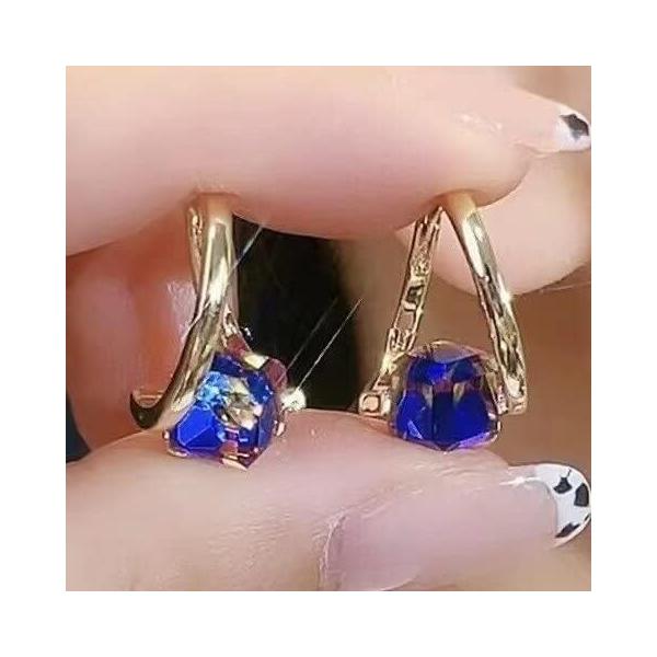 商品名KOPee Temperament Sapphire Bright Water Drop Round Women Earrings Set with Gold Crystals Stainless Steel Women Earrin...
