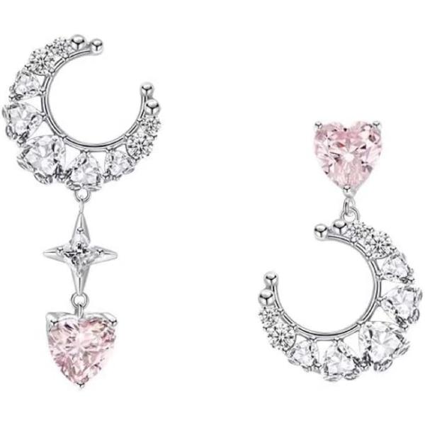 商品名UniLogue スタームーンスタッドピアス ジルコンインレイ、曲線美のムーンスタッドイヤリング ピンクジルコンジェムストーンインレイハートドロップイヤリング ミニマリスト コモン ラグジュアリー非対称スタイル 女性/女の子へのギフト...