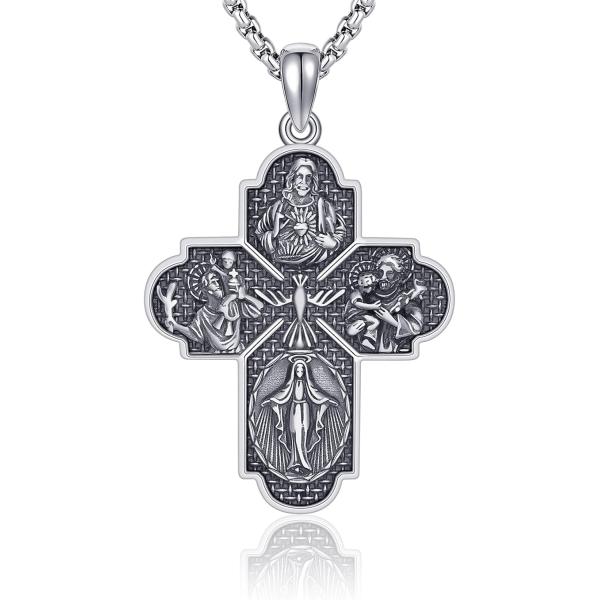 商品名VENACOLY 奇跡のメダル スターリングシルバー 4方向十字架ネックレス 聖なるハート 聖母マリア 聖母マリア ネックレス スカプラル カトリックジュエリー ギフト 男性用, スターリングシルバー, 宝石なしVENACOLY Mi...