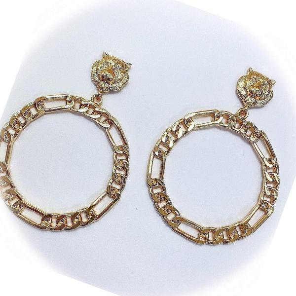 商品名Accessory Gold Color Colored Metal Animal Lionhead Chain Design Circle Drop Dangle Post Nice Earrings Pendant Charm S...