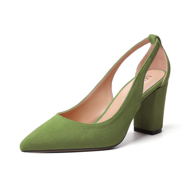 商品名:  MERRORI Women's Suede Evening Slip On Dress Shoes Pointed Toe Chunky Solid 3.3 Inch High Heel Pumps Shoes Olive Gr...