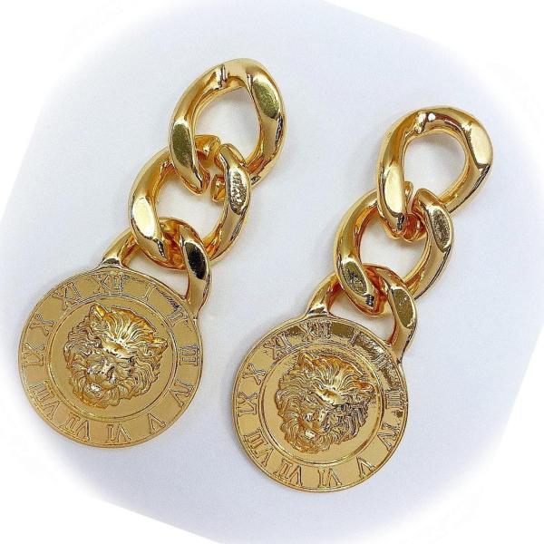 商品名Accessory Gold Color Colored Metal Chain Animal Lionhead Design Circle Drop Dangle Post Nice Earrings Pendant Charm S...