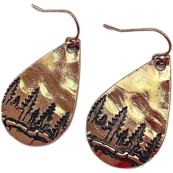 商品名Accessory Hammered Copper Tone metal Tree Forest Design Engraved Teardrop Dangle Nice Earrings Pendant Charm Set for ...