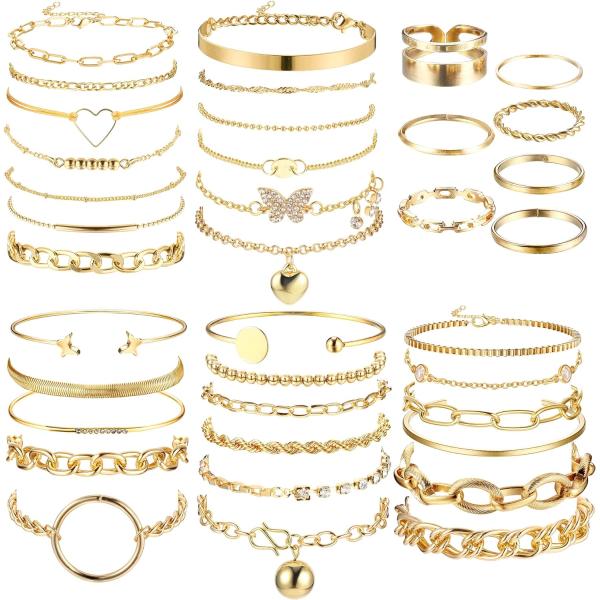 商品名Sanfenly ブレスレットリングセット レディース, 金属, キュービックジルコニアSanfenly Gold Silver Bracelet Ring Set for Women Cuban Link Bead Heart Bu...