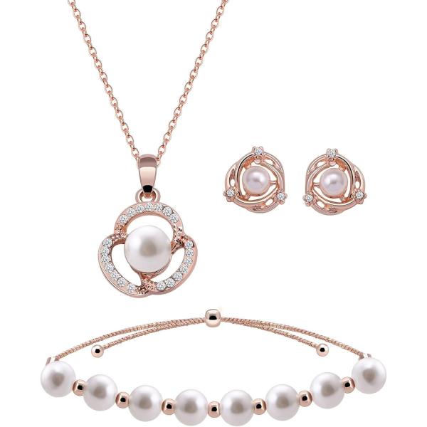 商品名ブライズメイドジュエリーセット ウェディング用 18Kゴールド/ローズゴールド/シルバーメッキ 三角形ペンダント フェイクパールネックレス イヤリング ブレスレットセット レディース ガールズ ""I Can't Say I Do""...