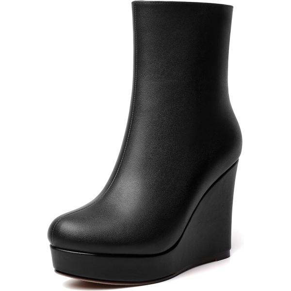 商品名WAYDERNS Women's Evening Ankle High Solid High Heel 4 Inch Wedge Round Toe Matte Zip Fashion Platform Boots Black Siz...