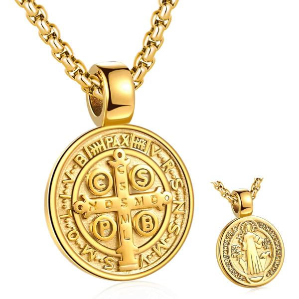 商品名FSYAEGZA 聖ベネディクト エクソシズム メダル ペンダント ネックレス メンズ ステンレススチール カトリック ローマ守護聖人 ペンダント ラウンド アンティーク 宗教 十字架 プロテクター お守りペンダント, ステンレス鋼,...