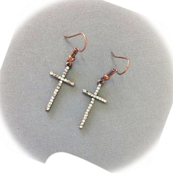 商品名Accessory Religious Style Rhinestone Copper Tone Cross Design Drop Dangle Dainty Nice Earrings with Pendant Beads Cha...