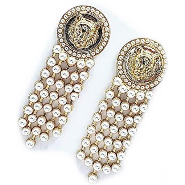 商品名Accessory Gold Color Tone Animal Lionhead Design Pearl Beads Deco Tassel Drop Dangle Nice Earrings with Pendant Beads...