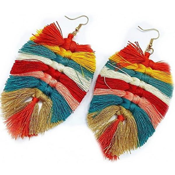 商品名Accessory Multi Color Thread Knotted Leaf Leaves Design Tassel Drop Dangle Hook Nice Earrings with Pendant Beads Char...