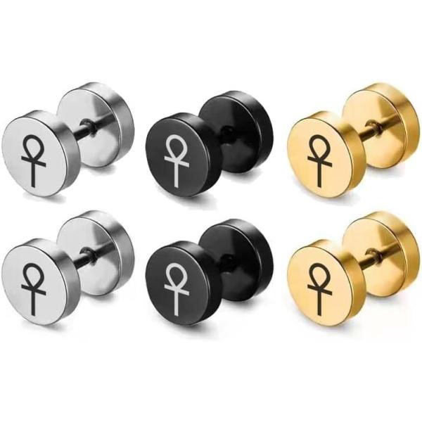 商品名3 Pairs Set Egyptian Ankh The Key Of Life Symbol Stainless Steel Men Women Jewelry Surgical Steel Disc Stud Earrings ...