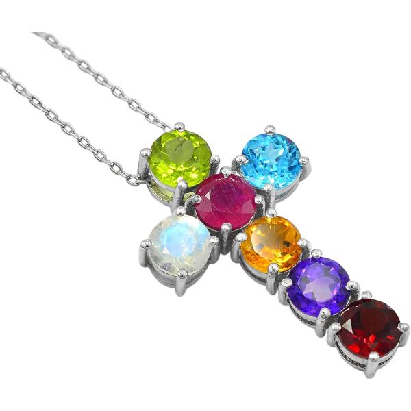 商品名Natural Green Peridot Rainbow Moonstone Multi Gemstone Holy Cross Pendant Necklace 925 Sterling Silver August Birthst...