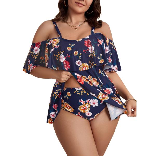 商品名:  MakeMeChic Women's Plus Size Floral Tankini Swimsuit Off Shoulder Ruffle Trim Swim Top with Bikini Bottom Set Navy...