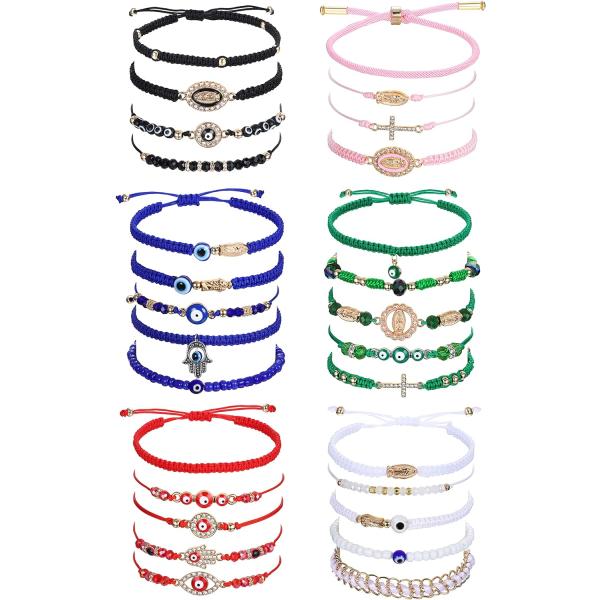 商品名Helicopchain イーブルアイブレスレット 聖母マリア メキシカンブレスレット レディース ガールズ 保護ブレスレット 調節可能なストリングブレスレット アンクレットジュエリー 24~28個, ビーズ, キュービックジルコニア...