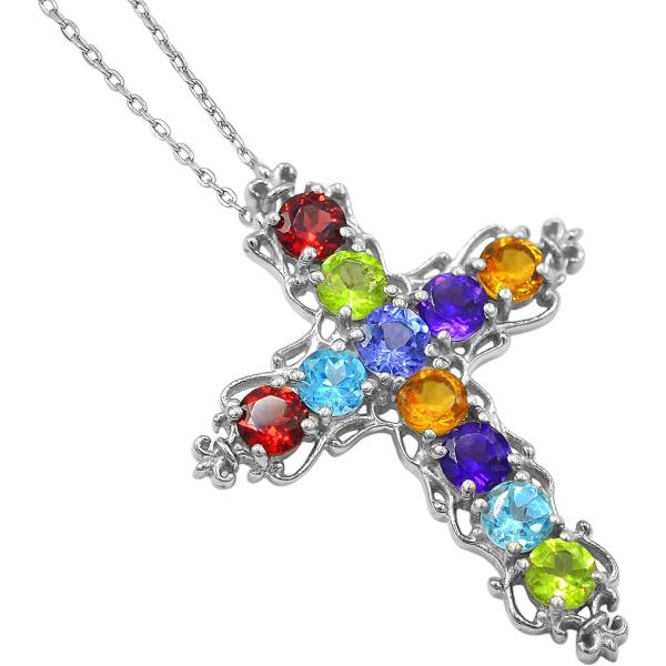 商品名Natural Peridot Garnet Amethyst Multi Gemstone 925 Sterling Silver Holy Cross Pendant Necklace Multi Stone Jewelry Lo...