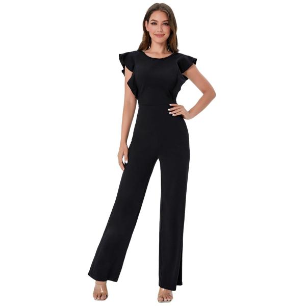 商品名:  WDIRARA Women's Round Neck Ruffle Trim Cap Sleeve Flare Bell Bottom Jumpsuit Pants Black Solid XLブランド: WDIRARA商品サイ...