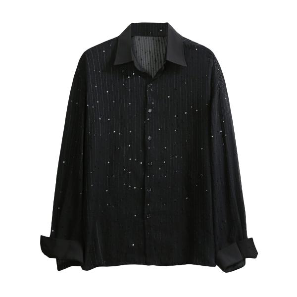 商品名:  WDIRARA Men's Glitter Sequins Collared Long Sleeve Button Up Shirt Partywear Black Mブランド: WDIRARA商品サイズ: Medium高さ: ...