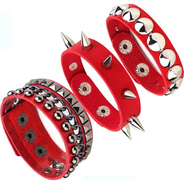 商品名MILAKOO メンズ スタッドカフブレスレット リベットブレスレット レザーリベットブレスレット 3個, 宝石なし。MILAKOO Punk Wristband Red PU Leather Bracelet Set for Wom...