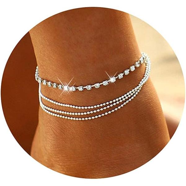 商品名ASCOMY アンクルブレスレット レディース 14Kゴールドメッキ アンクレット シルバーレイヤー シャイニング テニスアンクレット 華奢なビーズ バー ドット パール サテライト リンク チェーン アンクレット 夏 ビーチ フット...