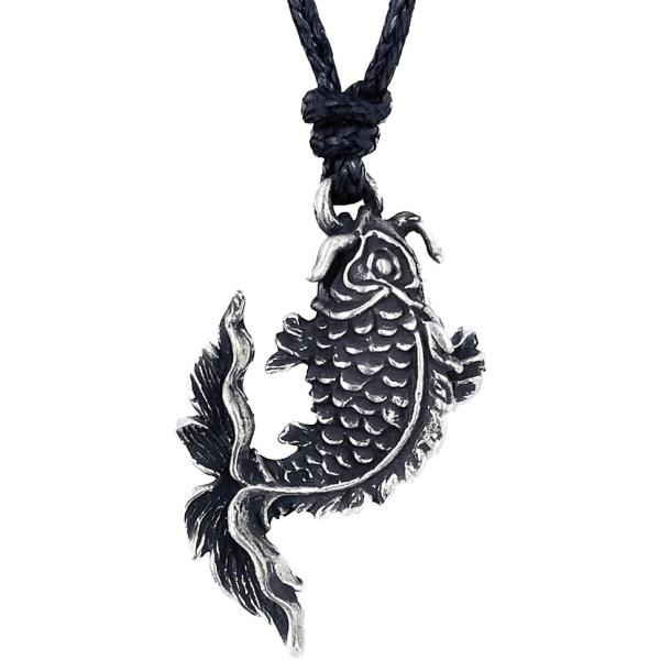 商品名トライバル ジュエリー 中国 日本 鯉 鯉 魚 シルバー ピューター メンズ ペンダント ネックレス 保護 お守り 長寿 繁栄 成長 安全 旅行 お守り 富 幸運 チャーム ブラック 調節可能 紐付き, 金属, 宝石なしTribal ...