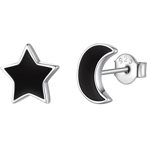 商品名Sterling Silver Moon Stars Stud Earrings Black Asymmetrical Ear Studs for Cool Women Guyブランド：FindChic商品サイズ：高さ：1.7 cm横...