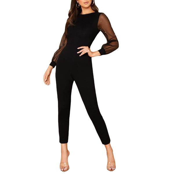 商品名:  WDIRARA Women's Pearls Round Neck Sheer Mesh Long Sleeve Zipper Back Jumpsuit Pants Black Lブランド: WDIRARA商品サイズ: Lar...