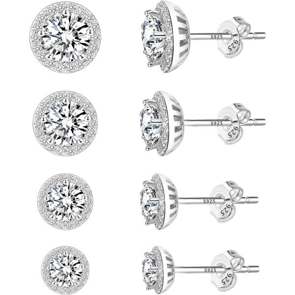 商品名ピアスシリーズ - 14K本物のゴールドとシルバーのピンがS925-6、7、8、9mmのラウンド5爪ジルコニアの刻印入り。, 1, 宝石なし4 Pairs Sterling Silver Halo Stud Earrings Set ...
