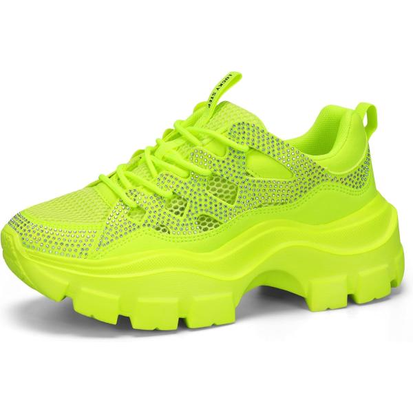 商品名LUCKY STEP レディース 90S チャンキープラットフォーム 反射スニーカー - ホワイトホログラム カジュアル レースアップ ウォーキングダッドスニーカー, ネオンイエローラインストーン。, 24.5LUCKY STEP W...