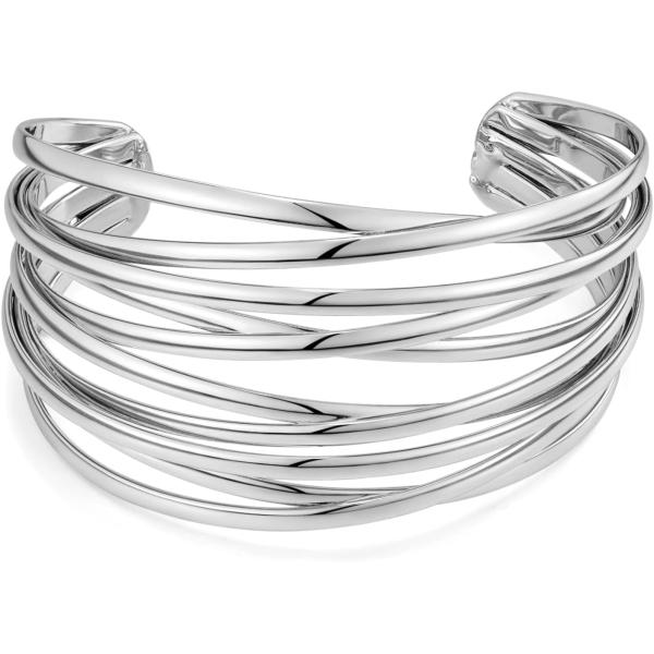 商品名WOWORAMA チャンキーカフブレスレット レディース マルチレイヤー クロスワイヤー オープンバングルブレスレット 調節可能 チャンキーワイドオープンリストカフ ラップブレスレット ゴールド/ホワイトゴールド, Adjustabl...