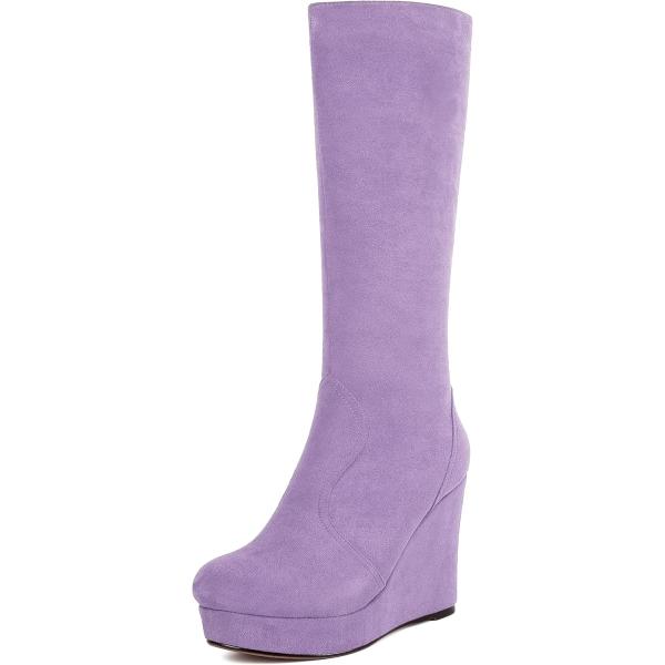 商品名MERRORI Women's Wedge Zip Mid Calf Fashion 4 Inch Platform Suede Round Toe Boots Lavender Size 6 - Zapatos de Tacon d...