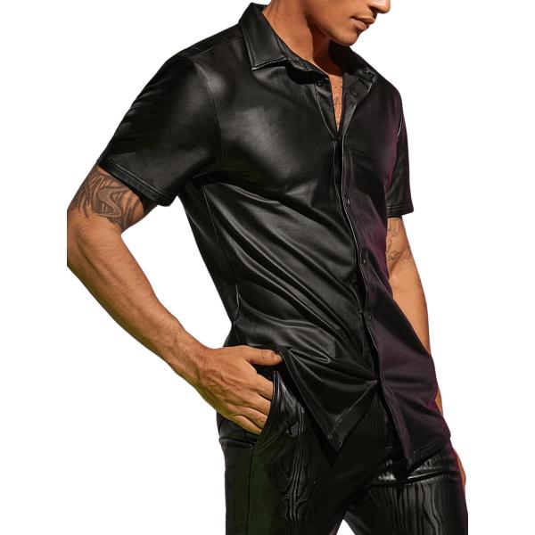 商品名:  WDIRARA Men's PU Leather Button Down Short Sleeve Dress Shirt Casual Streetwear Top Black Lブランド: WDIRARA商品サイズ: Lar...