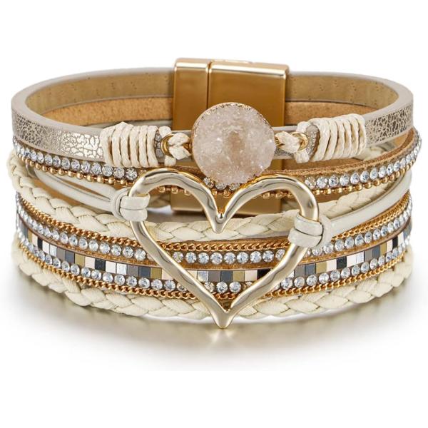 商品名Fesciory ヒョウ柄ブレスレット レディース ボーホーレザーラップ 多層パールクリスタルブレスレット バングルジュエリー, レザー, アゲートFesciory Leopard Bracelet for Women, Boho L...