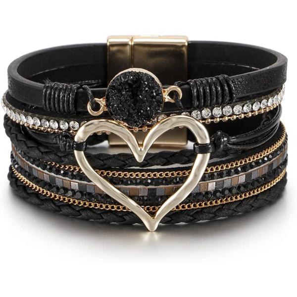 商品名Fesciory ヒョウ柄ブレスレット レディース ボーホーレザーラップ 多層パールクリスタルブレスレット バングルジュエリー レザー メノウ, 7.67 inch, レザー, アゲートFesciory Leopard Bracele...