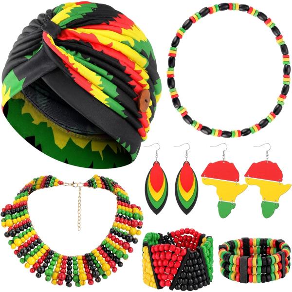 商品名Bonuci Juneteenth Jamaica アフリカジュエリーセット ラスタジュエリーアクセサリーセット ラスタヘッドバンド 木製イヤリング マルチカラービーズジャマイカブレスレットネックレス レディース 7個セット, ファブ...