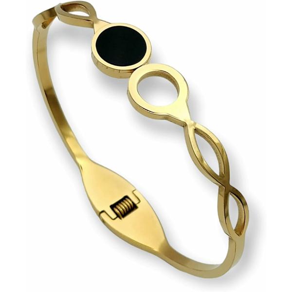 商品名ステンレススチール ゴールドメッキ 華奢な絡み合うブラック&amp;ゴールドバングルブレスレット, ステンレス鋼, 宝石なし。Stainless Steel Gold Plated Dainty Intertwining Black ...