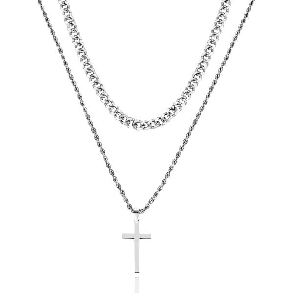 商品名GRAZIOSO クロスネックレス メンズ ボーイズ レイヤードステンレススチールクロスネックレス キューバチェーン クロスペンダントネックレス 宗教メンズジュエリー ボーイズギフト, 18in/20in, ステンレス鋼, 宝石なしG...