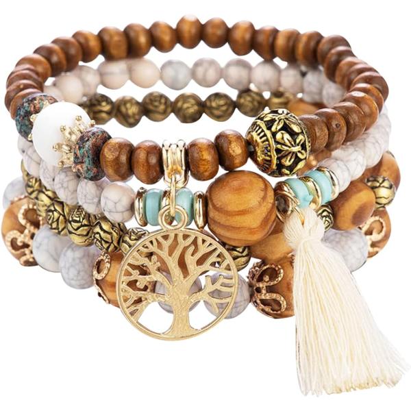 商品名生命の樹 レザーブレスレット レディース ボヘミアン ストレッチ ウッドビーズブレスレット レディース ボーホー タッセル ブレスレット マルチレイヤー スタッカブル ブレスレット クリスマス 誕生日 ジュエリー ギフト ティーン ガ...