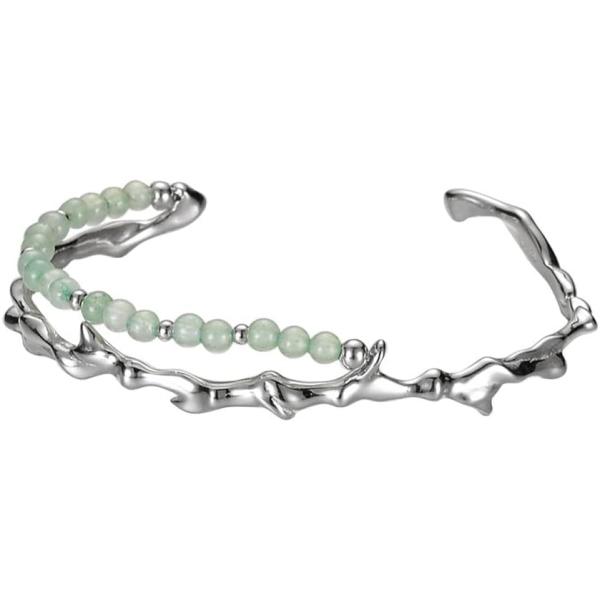 商品名Women 925 Sterling Silver New Chinese Bamboo Section Bangle Dongling Jade Round Beads Adjustable Cuff Bracelet For Gi...